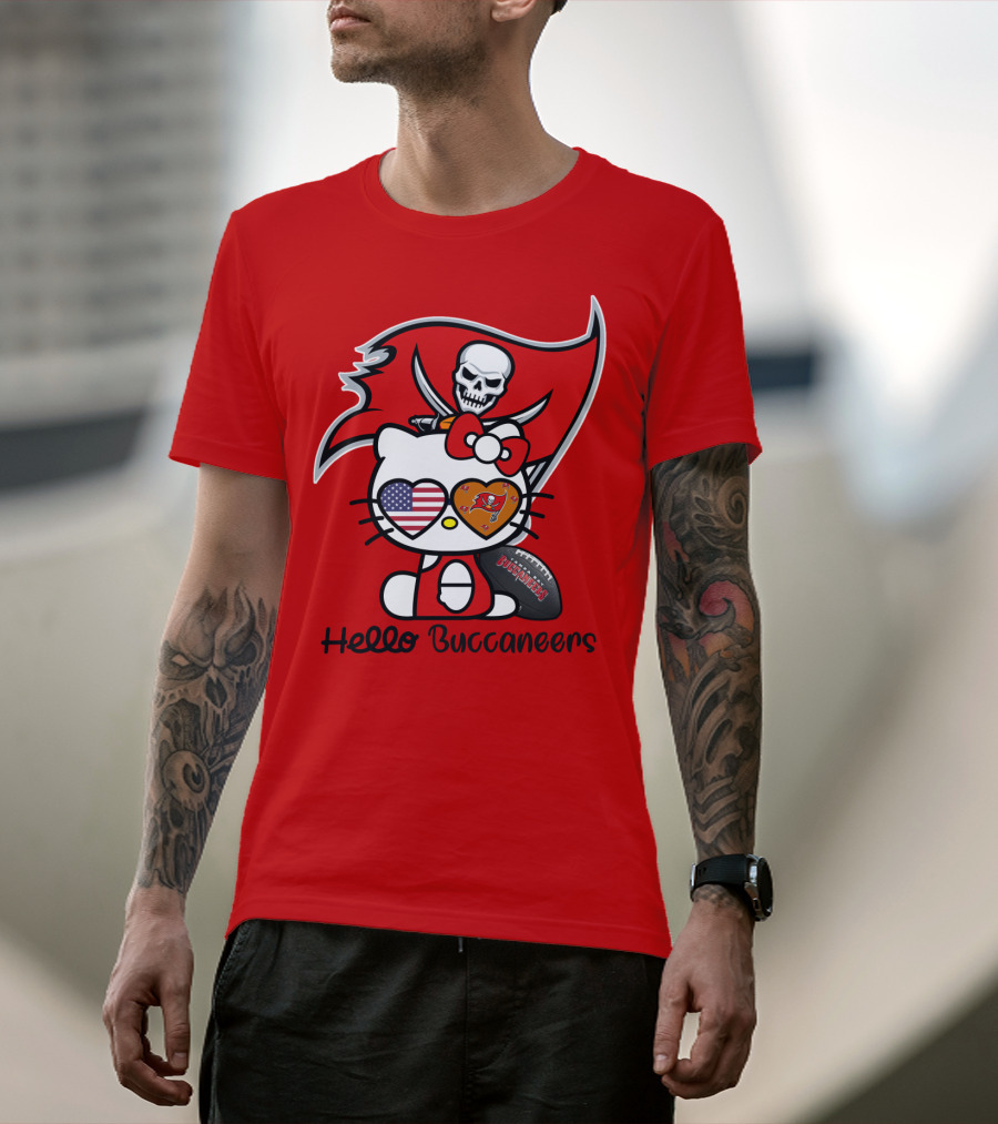 Hello Buccaneers Tampa Bay Buccaneers Football Skull Flag Kitty T-Shirt
