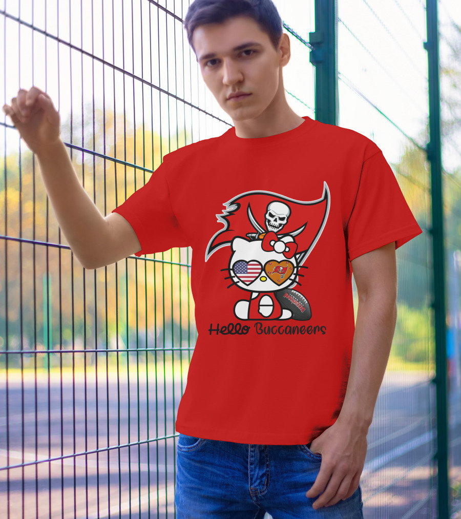 Hello Buccaneers Tampa Bay Buccaneers Football Skull Flag Kitty T-Shirt
