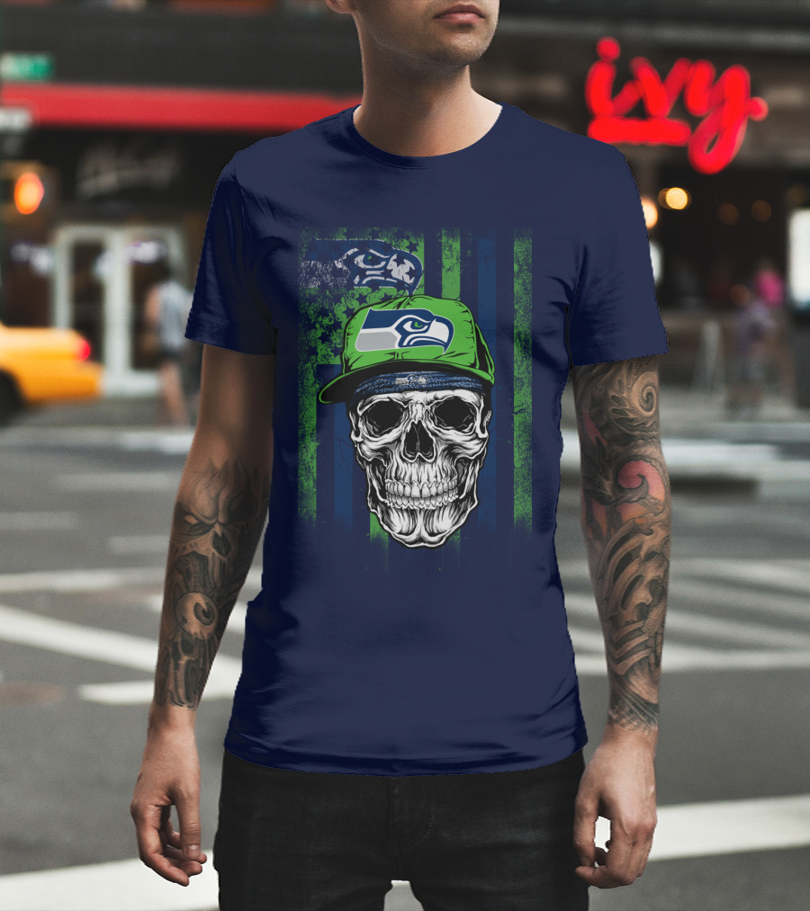 Seattle Seahawks Skull Cap Logo Grunge Style T-Shirt