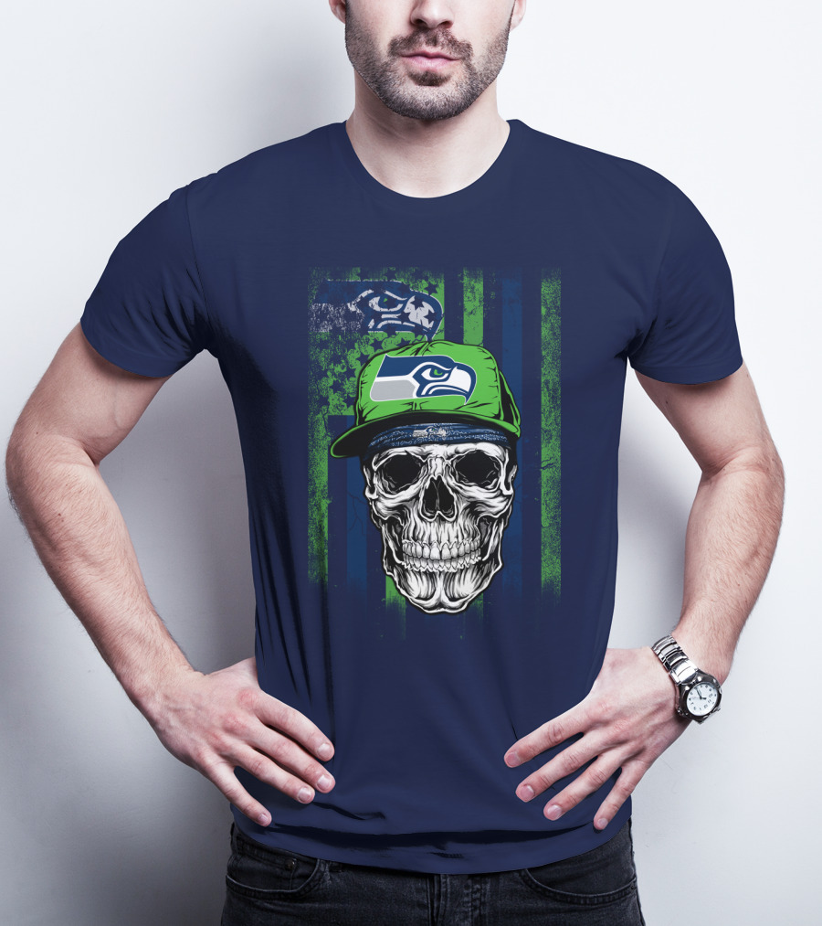 Seattle Seahawks Skull Cap Logo Grunge Style T-Shirt
