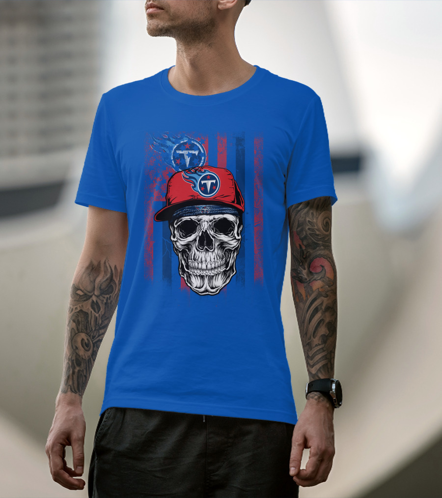 Tennessee Titans Skull With Cap Logo And Stripes T-Shirt