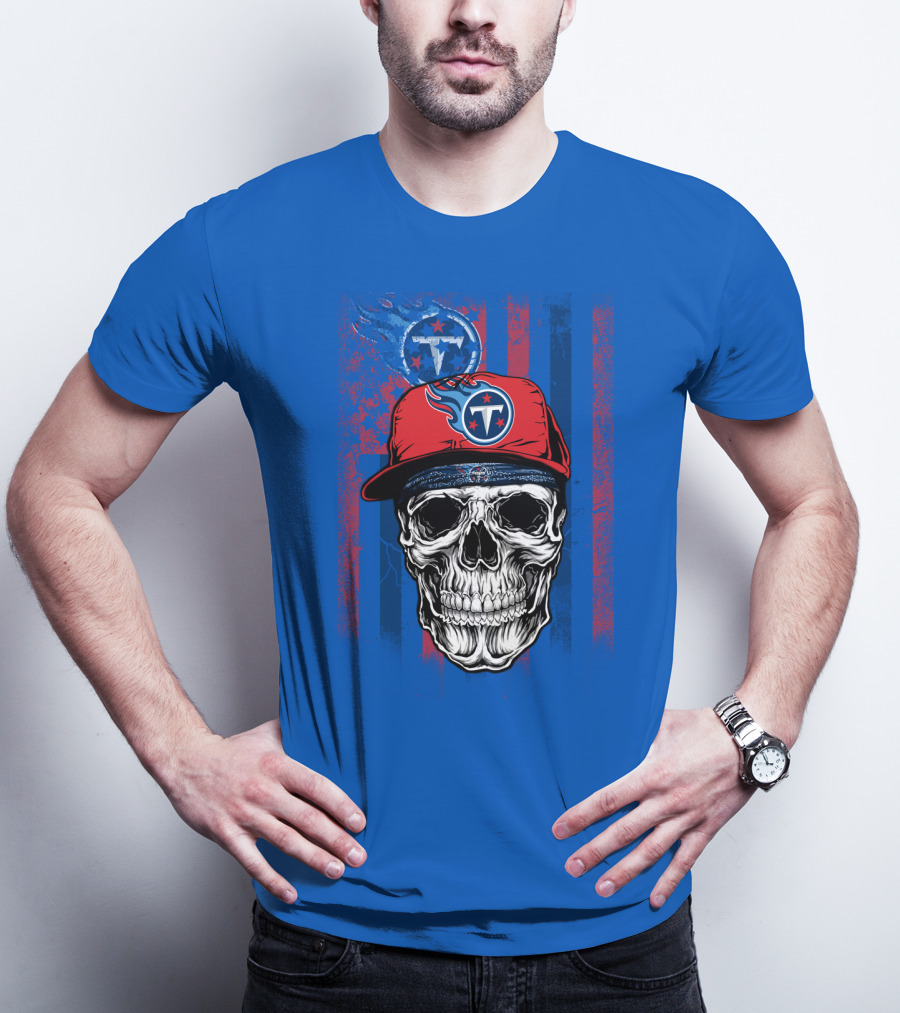 Tennessee Titans Skull With Cap Logo And Stripes T-Shirt
