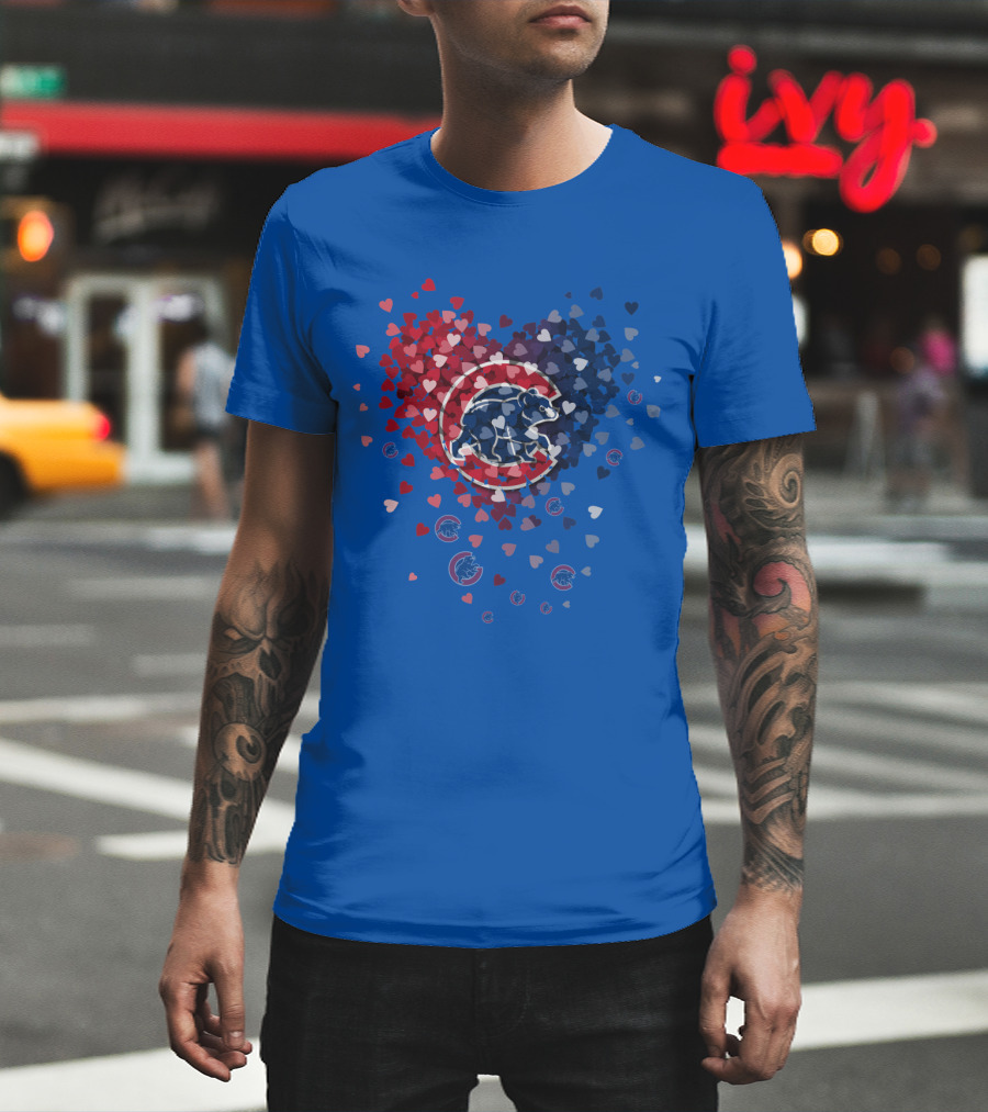 Chicago Cubs Heart Pattern With Bear Logo And Hearts In Red White And Blue T-Shirt