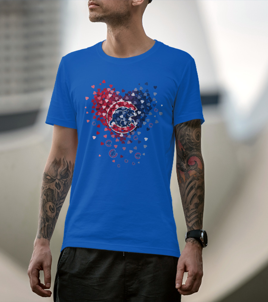 Chicago Cubs Heart Pattern With Bear Logo And Hearts In Red White And Blue T-Shirt