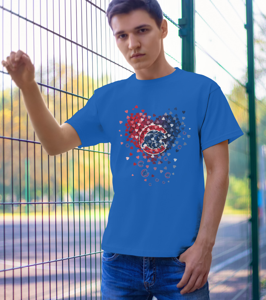 Chicago Cubs Heart Pattern With Bear Logo And Hearts In Red White And Blue T-Shirt