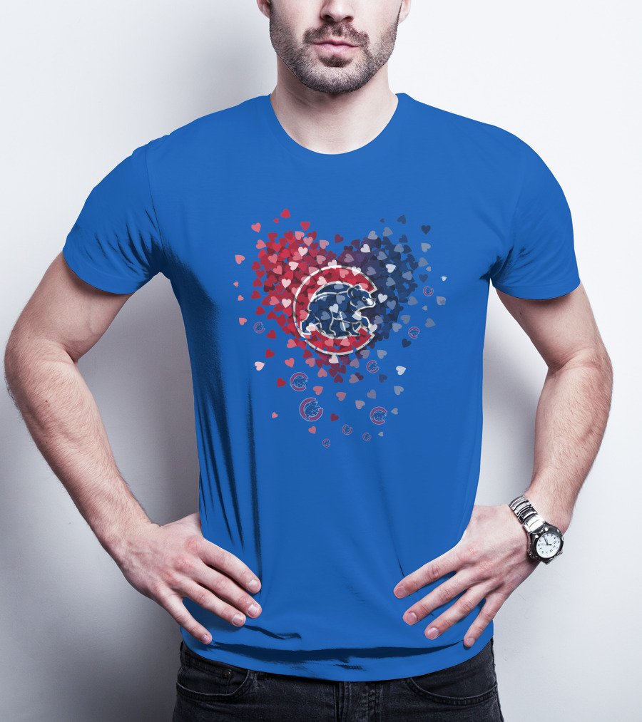 Chicago Cubs Heart Pattern With Bear Logo And Hearts In Red White And Blue T-Shirt
