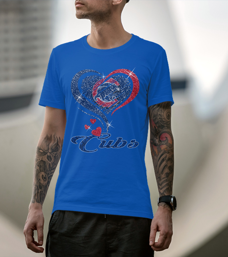 Cubs Sparkling Heart With Chicago Cubs Bear T-Shirt
