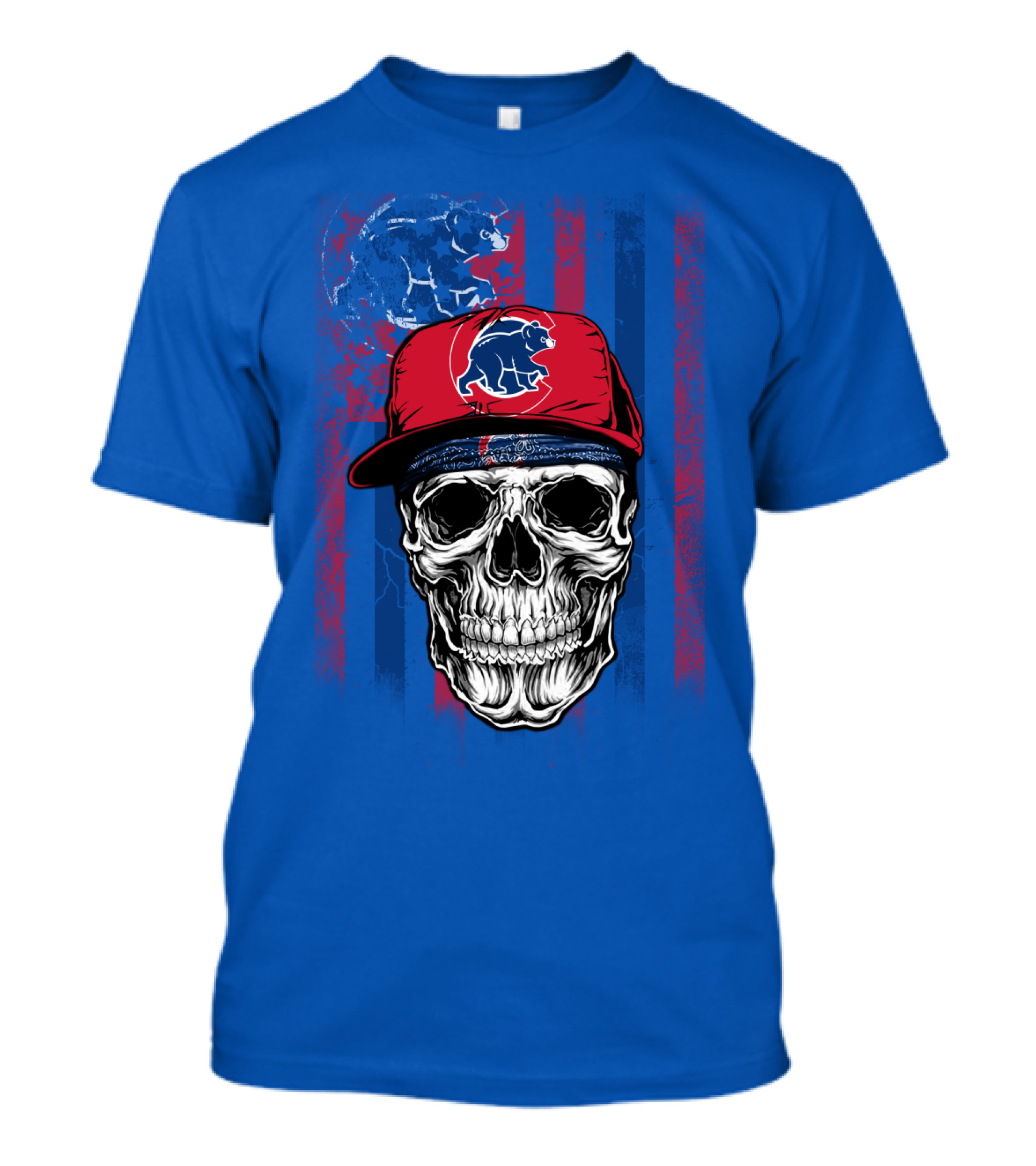 Chicago Cubs Skull With Bear And Cap On Blue T-Shirt