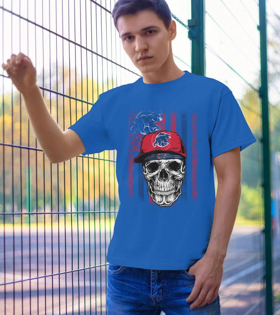 Chicago Cubs Skull With Bear And Cap On Blue T-Shirt