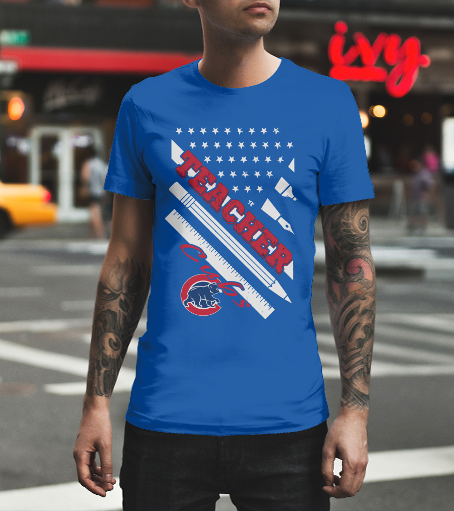 Teacher Cubs American Flag Baseball T-Shirt