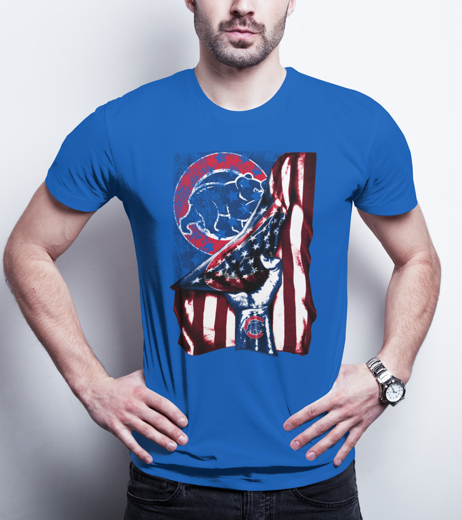 Chicago Cubs American Flag Bear Logo Fist T-Shirt