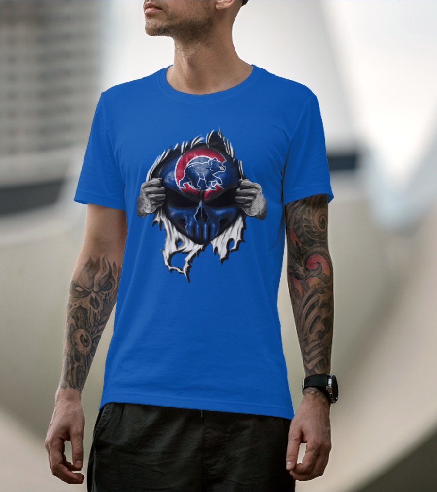 Chicago Cubs Skull Logo With Bear And Red Circle On Blue T-Shirt