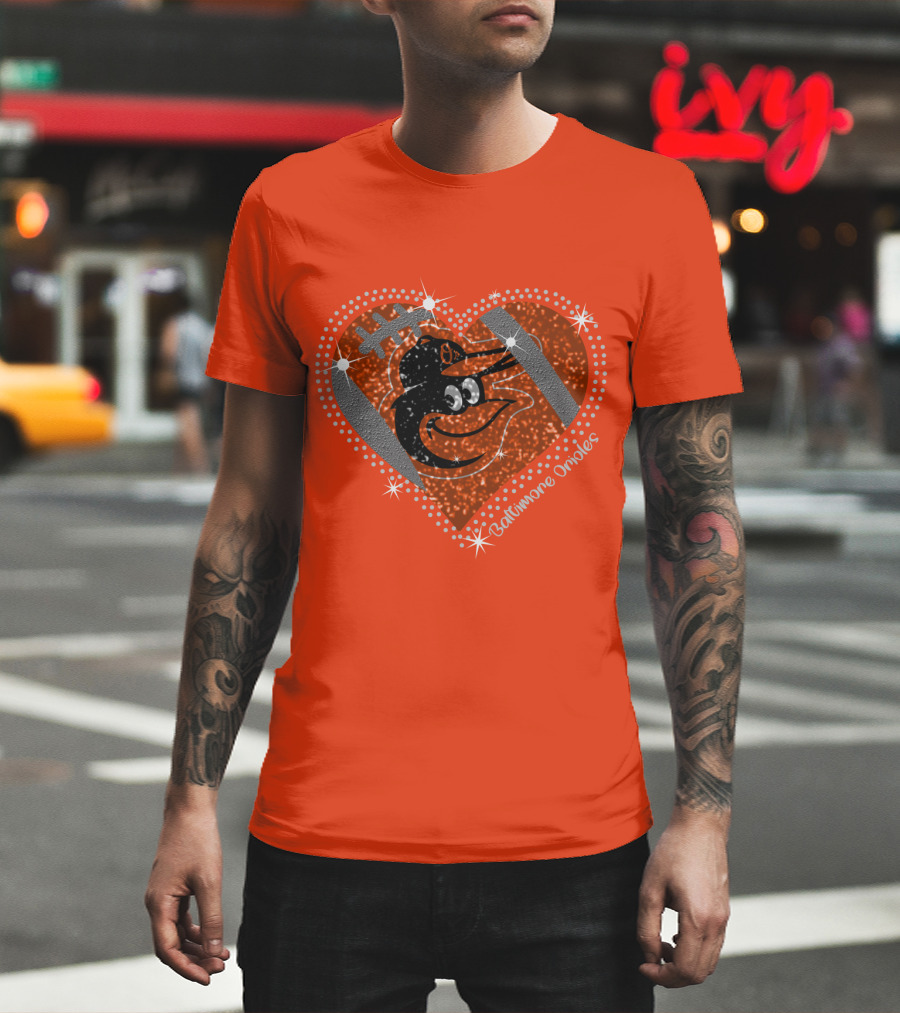 Baltimore Orioles Sparkling Heart And Baseball T-Shirt
