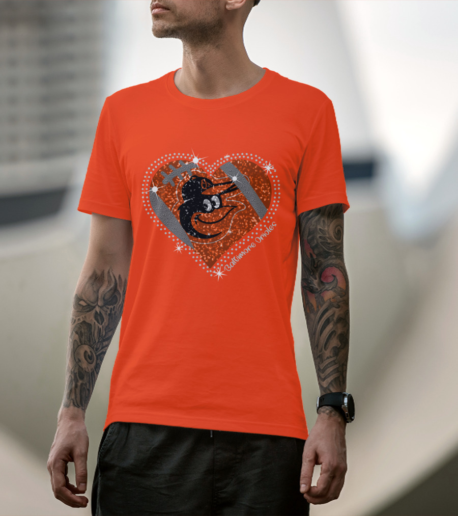 Baltimore Orioles Sparkling Heart And Baseball T-Shirt
