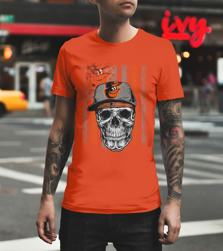 Baltimore Orioles Skull With Cap On Orange T-Shirt