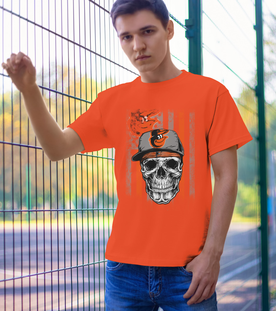 Baltimore Orioles Skull With Cap On Orange T-Shirt