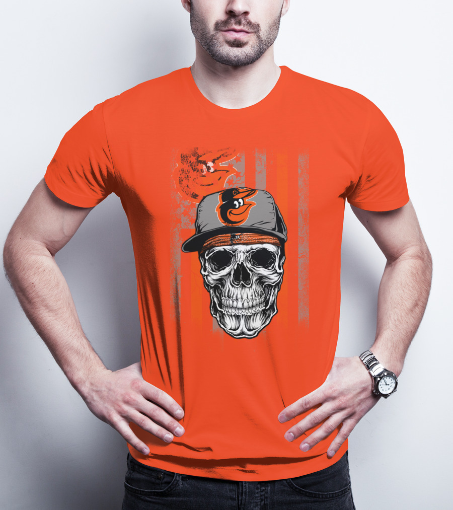 Baltimore Orioles Skull With Cap On Orange T-Shirt