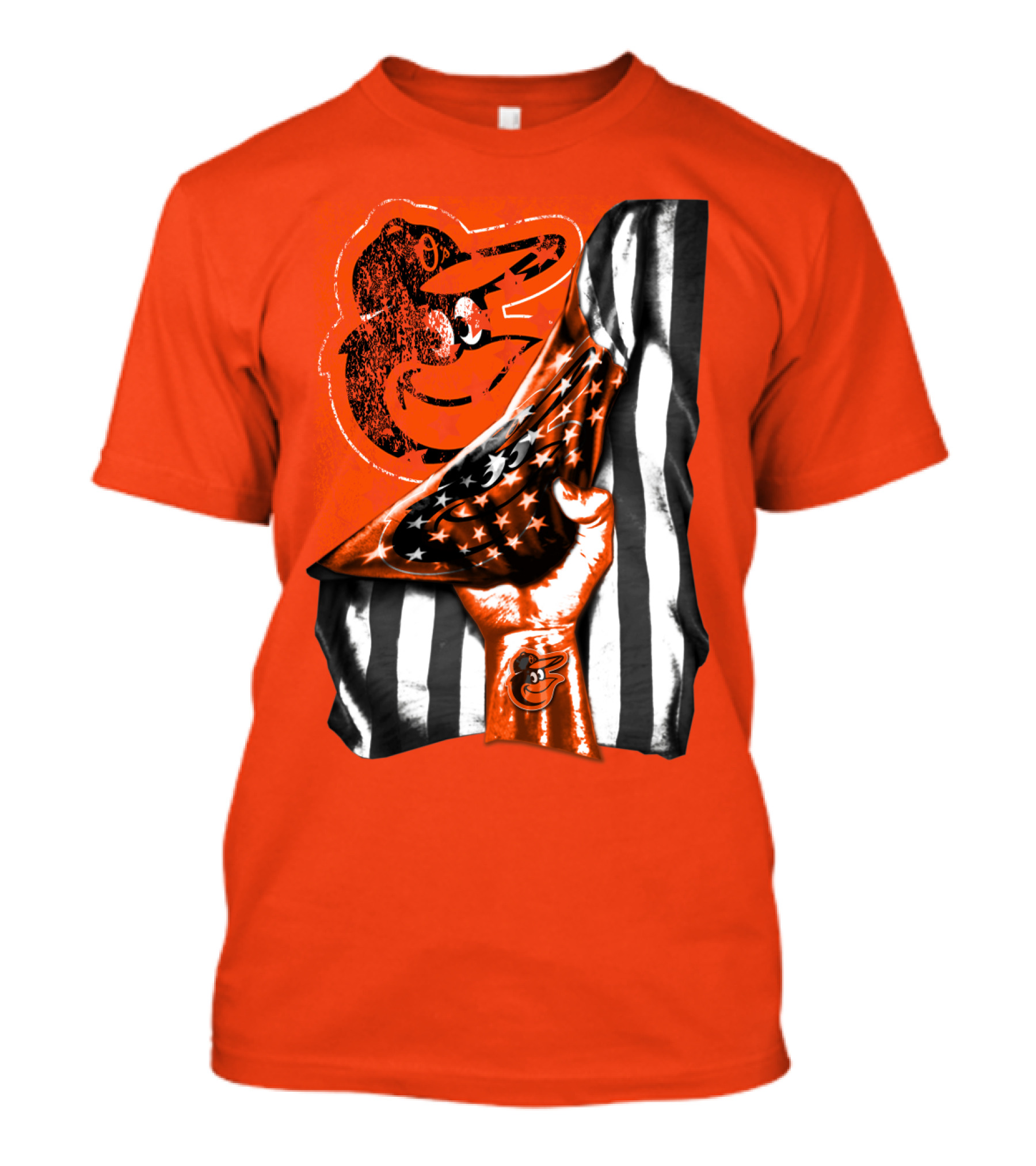 Baltimore Orioles American Flag Fist Logo On Orange T-Shirt
