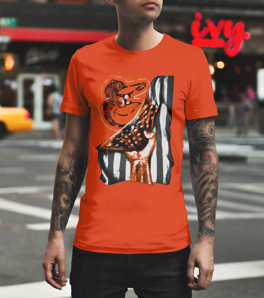 Baltimore Orioles American Flag Fist Logo On Orange T-Shirt