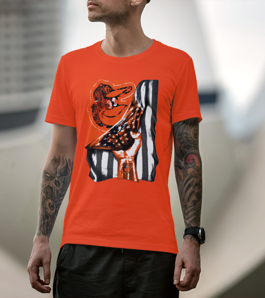 Baltimore Orioles American Flag Fist Logo On Orange T-Shirt