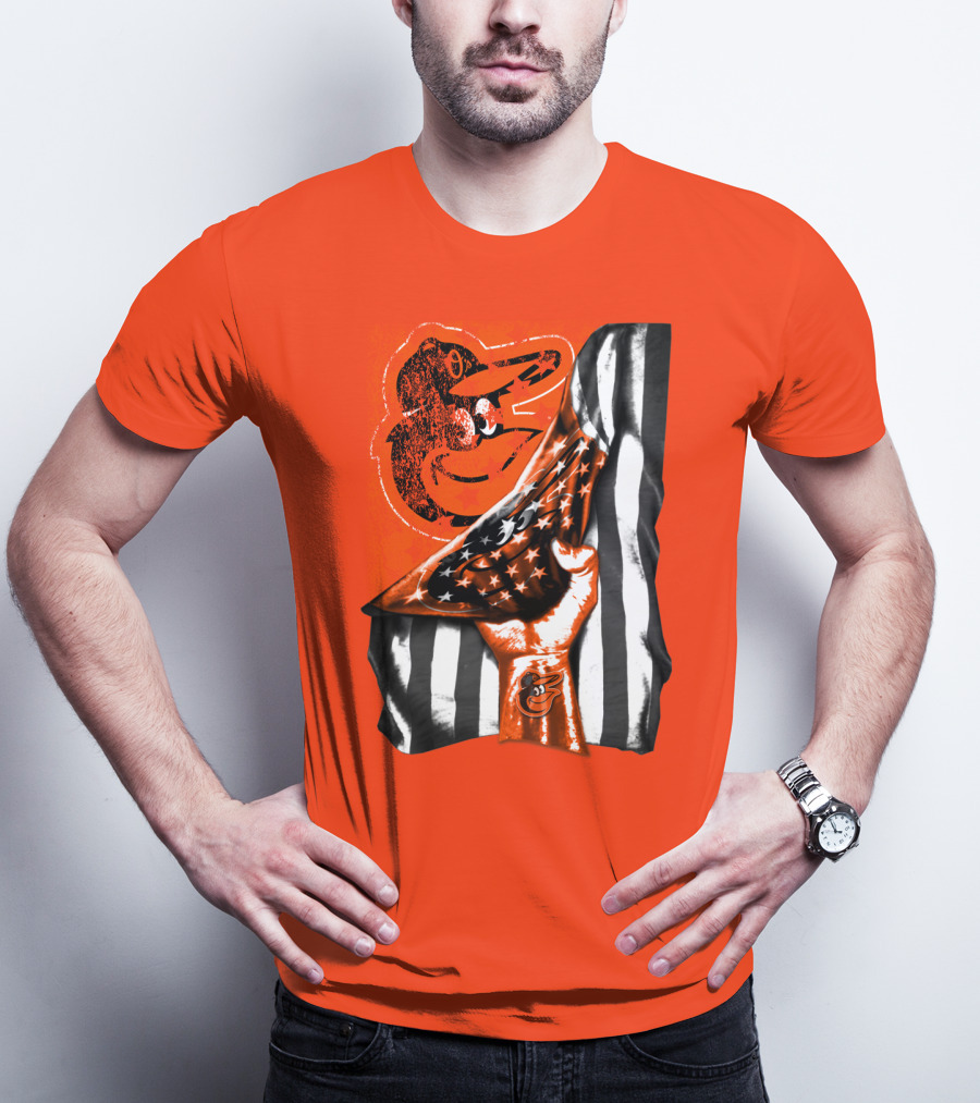 Baltimore Orioles American Flag Fist Logo On Orange T-Shirt