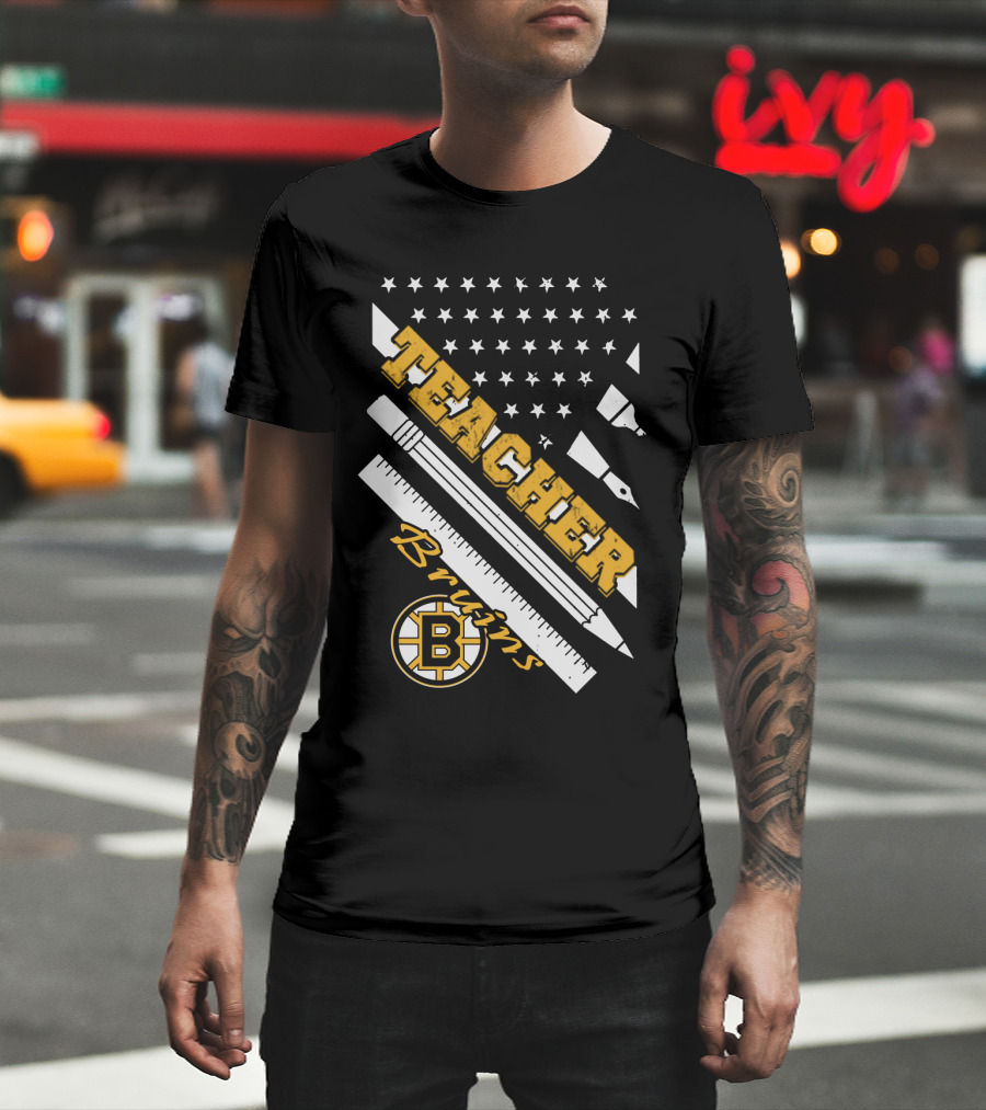 Boston Bruins Teacher American Flag Ruler Pencil Pen Stars T-Shirt