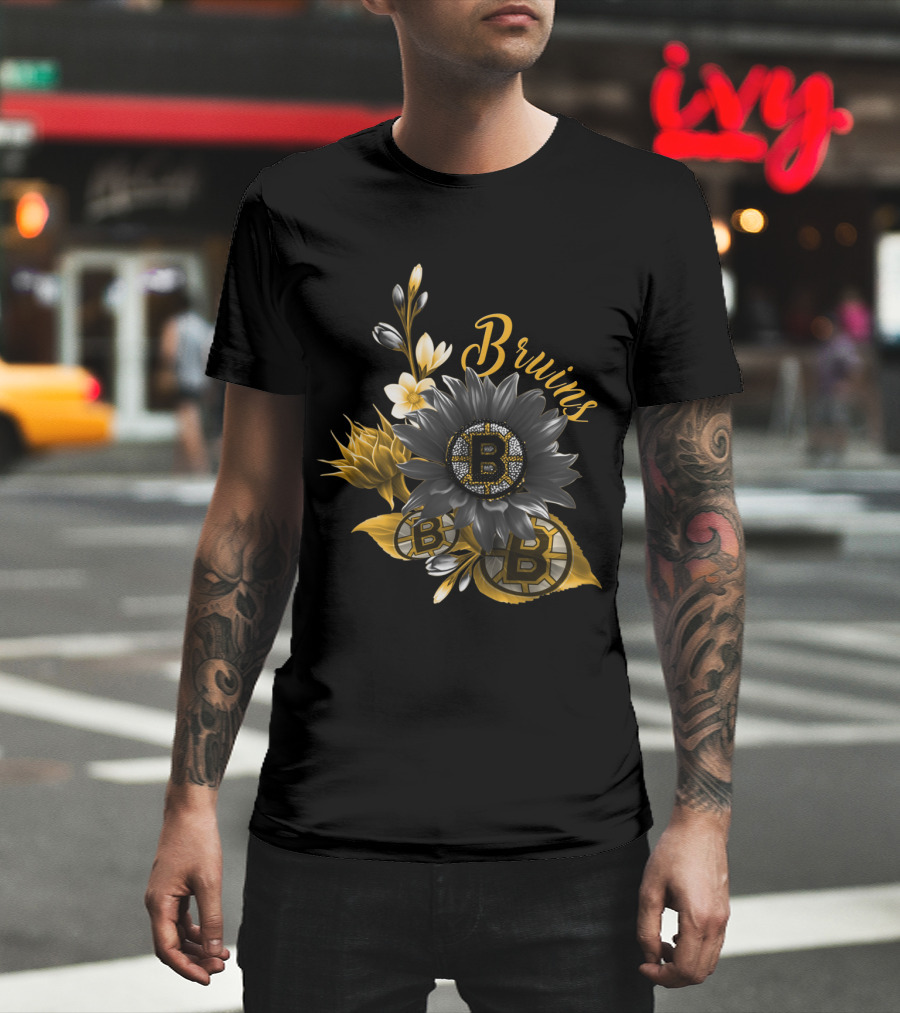Boston Bruins Floral Logo Design With Yellow Flowers And Black T-Shirt