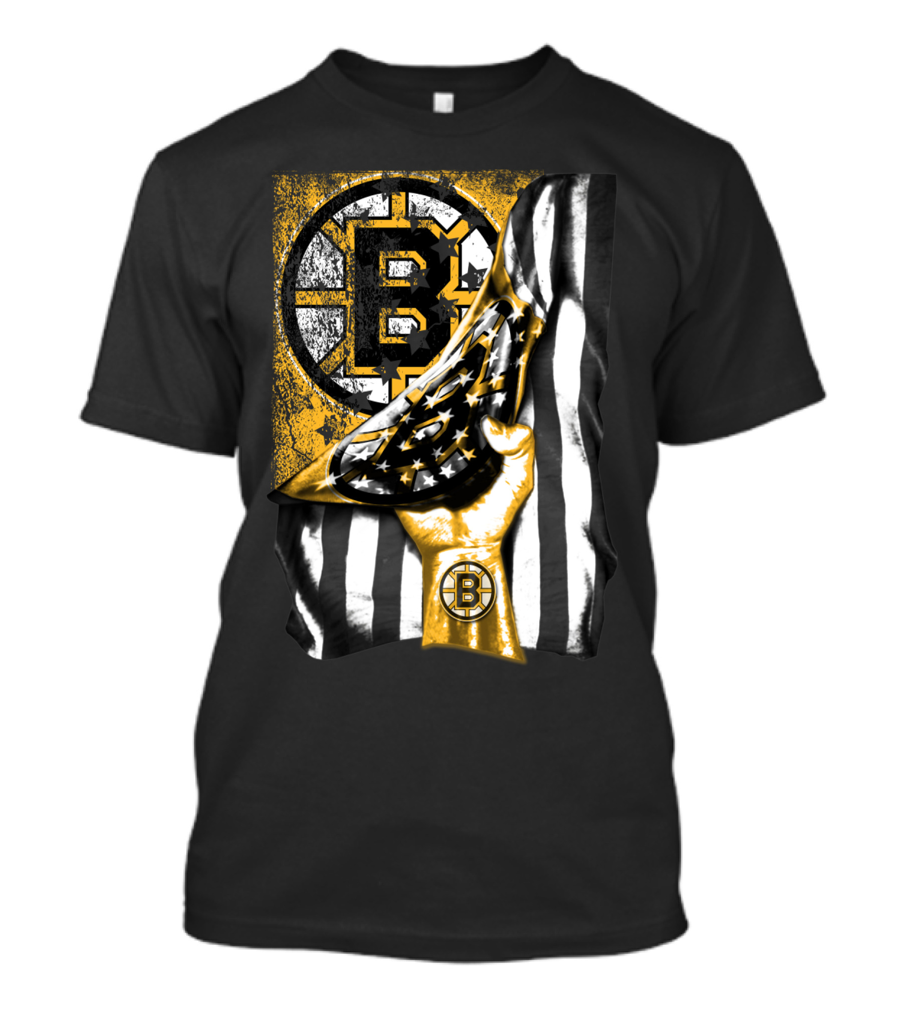 Boston Bruins American Flag Hand Emblem Black And Gold Burst T-Shirt