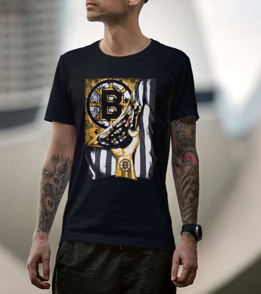 Boston Bruins American Flag Hand Emblem Black And Gold Burst T-Shirt