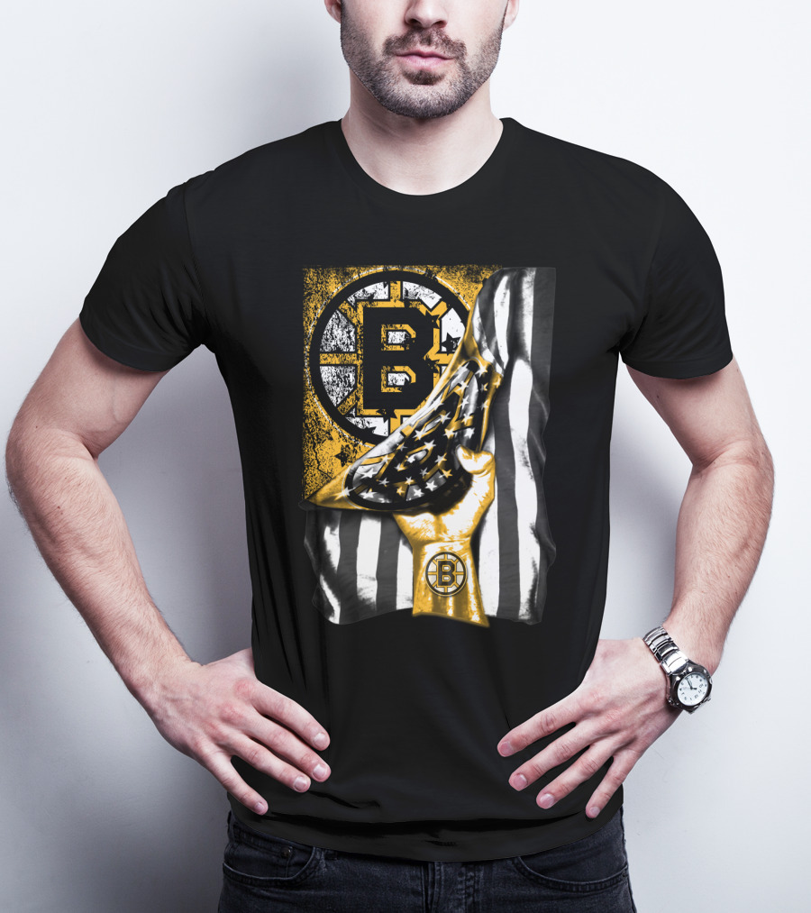 Boston Bruins American Flag Hand Emblem Black And Gold Burst T-Shirt