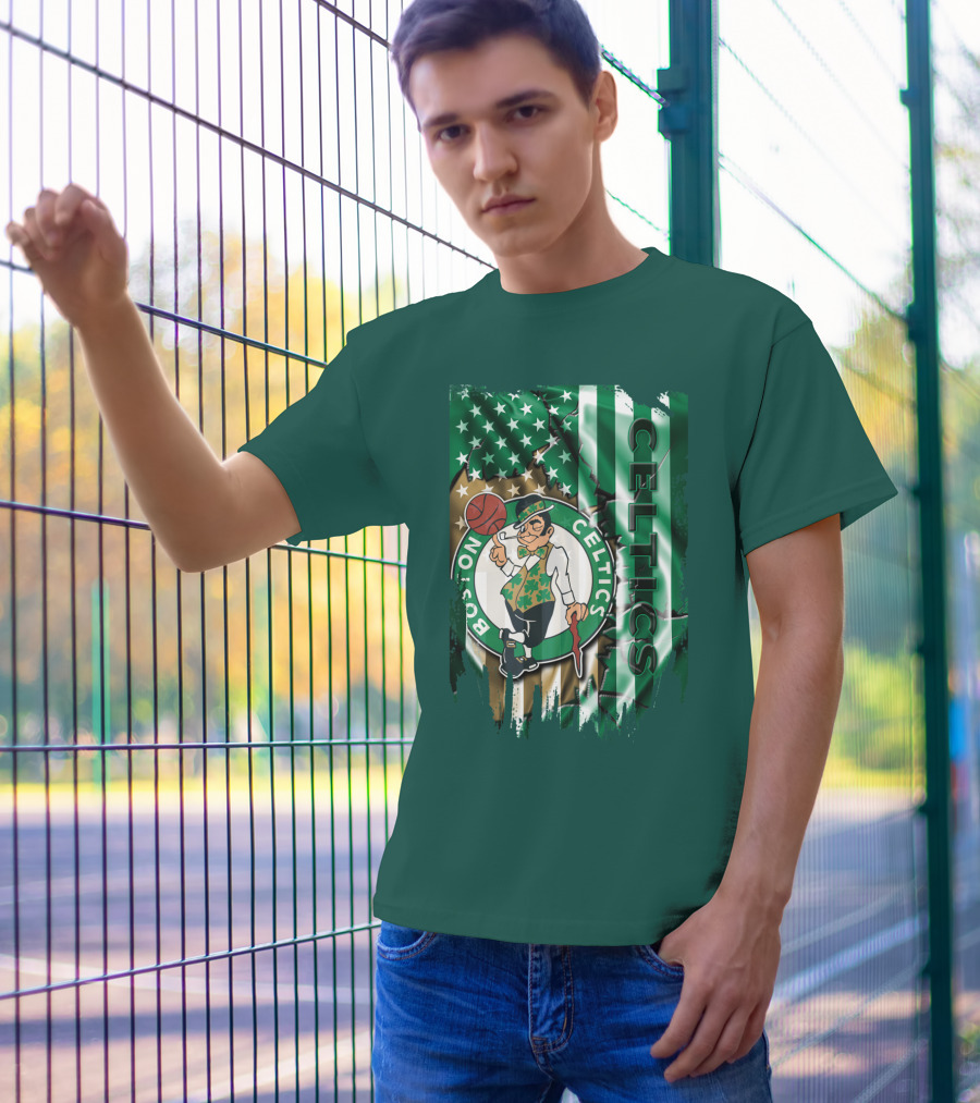 Boston Celtics Shamrock Leprechaun American Flag Basketball T-Shirt