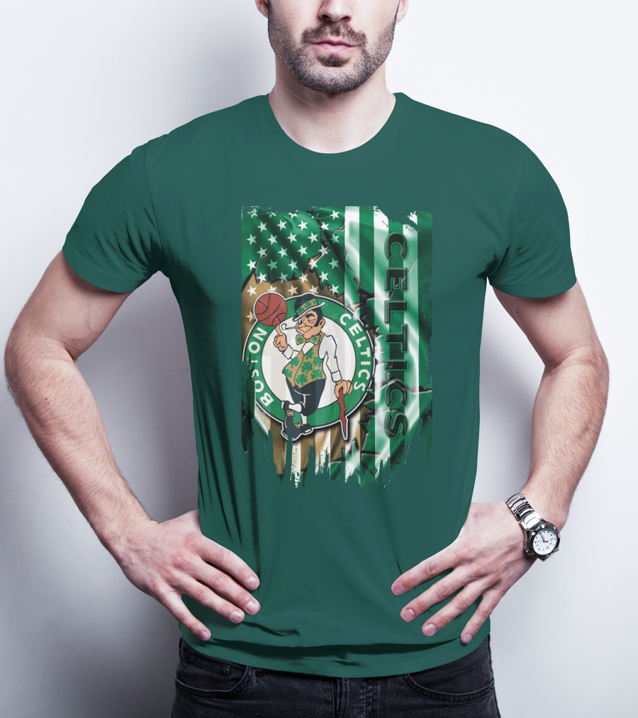 Boston Celtics Shamrock Leprechaun American Flag Basketball T-Shirt