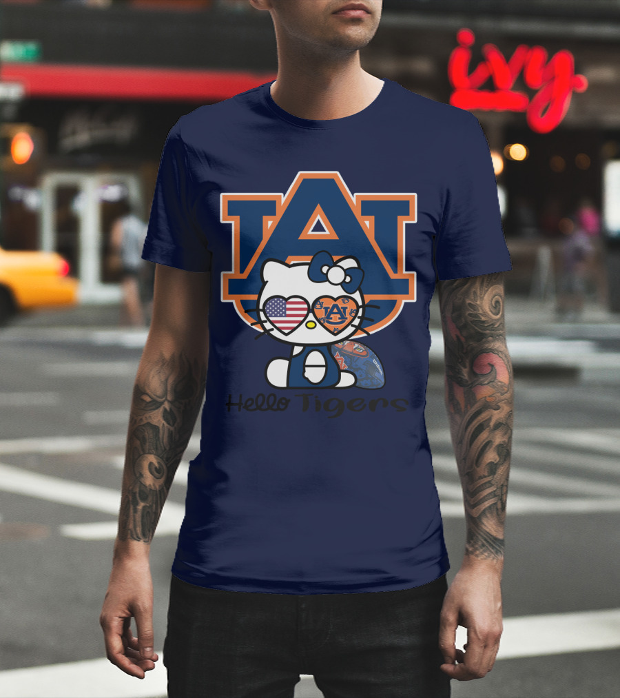 Hello Tigers Auburn Kitty Football American Flag T-Shirt