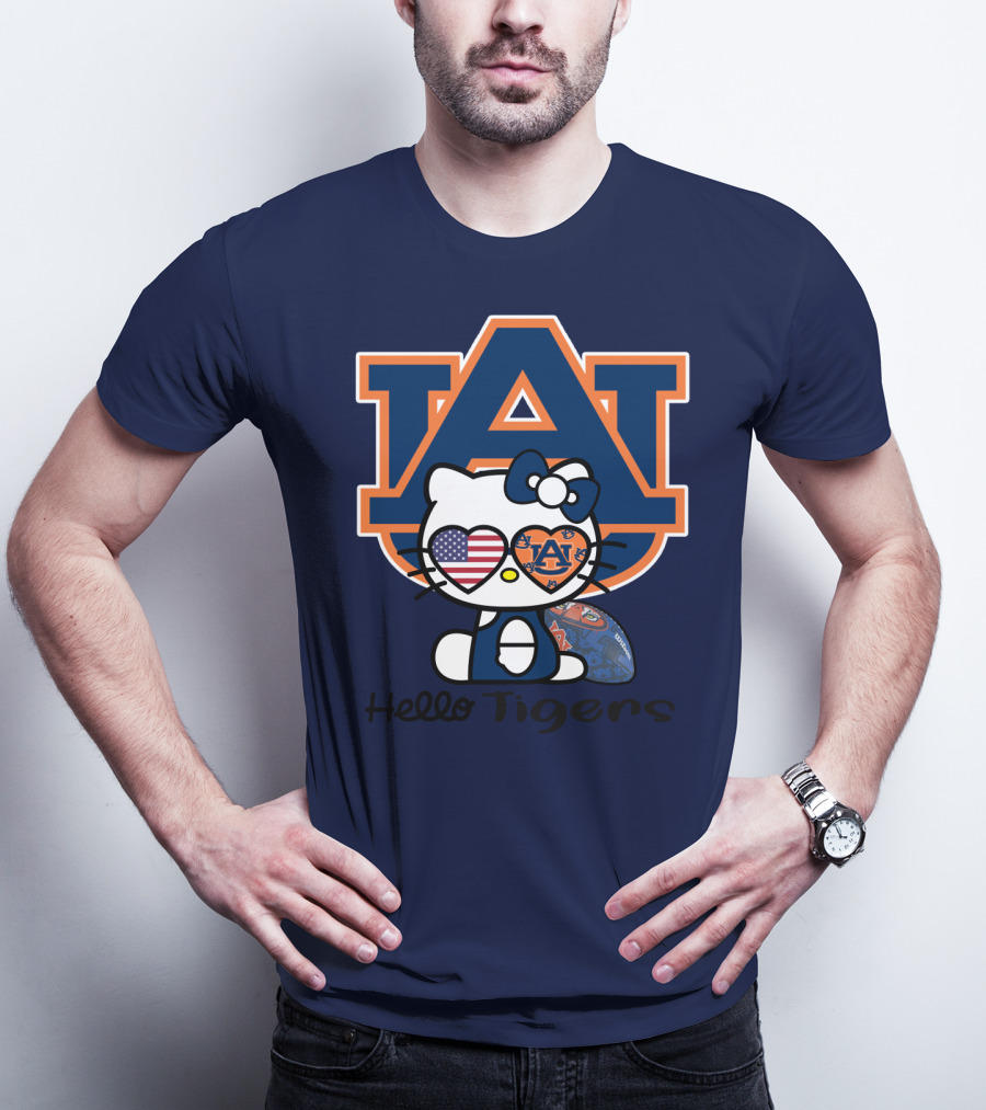 Hello Tigers Auburn Kitty Football American Flag T-Shirt