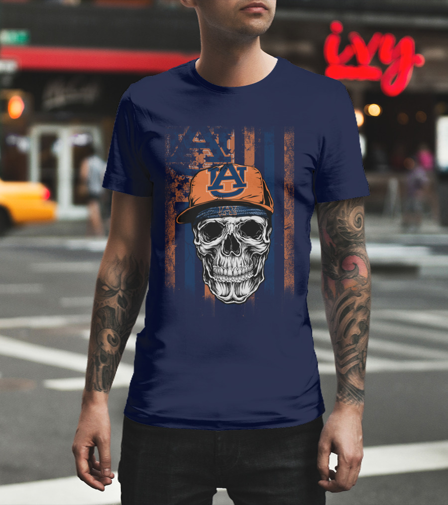 Auburn Tigers Skull With Hat And Striped T-Shirt