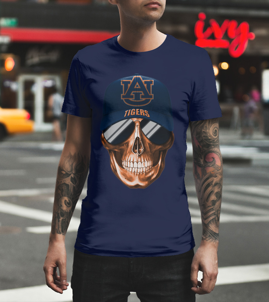 Auburn Tigers Skull With Au Logo Hat And Sunglasses T-Shirt