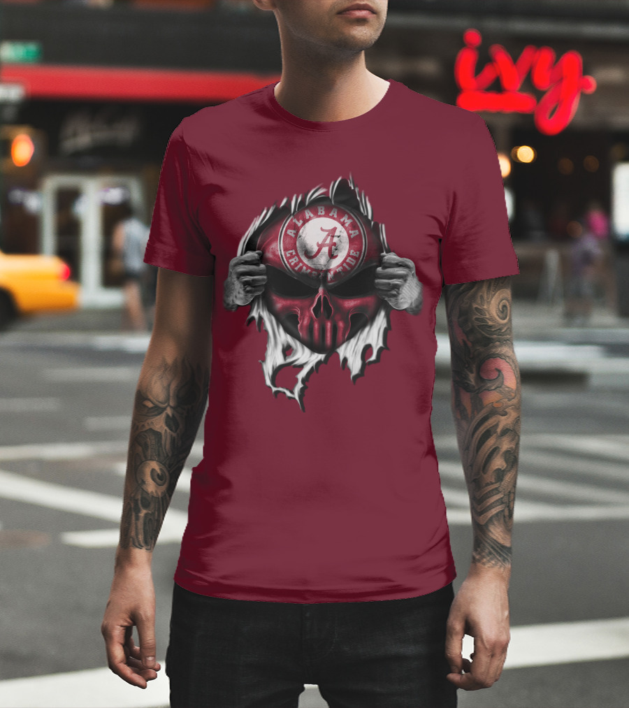 Alabama Crimson Tide Skull Emblem With Red And White Torn Fabric Effect T-Shirt