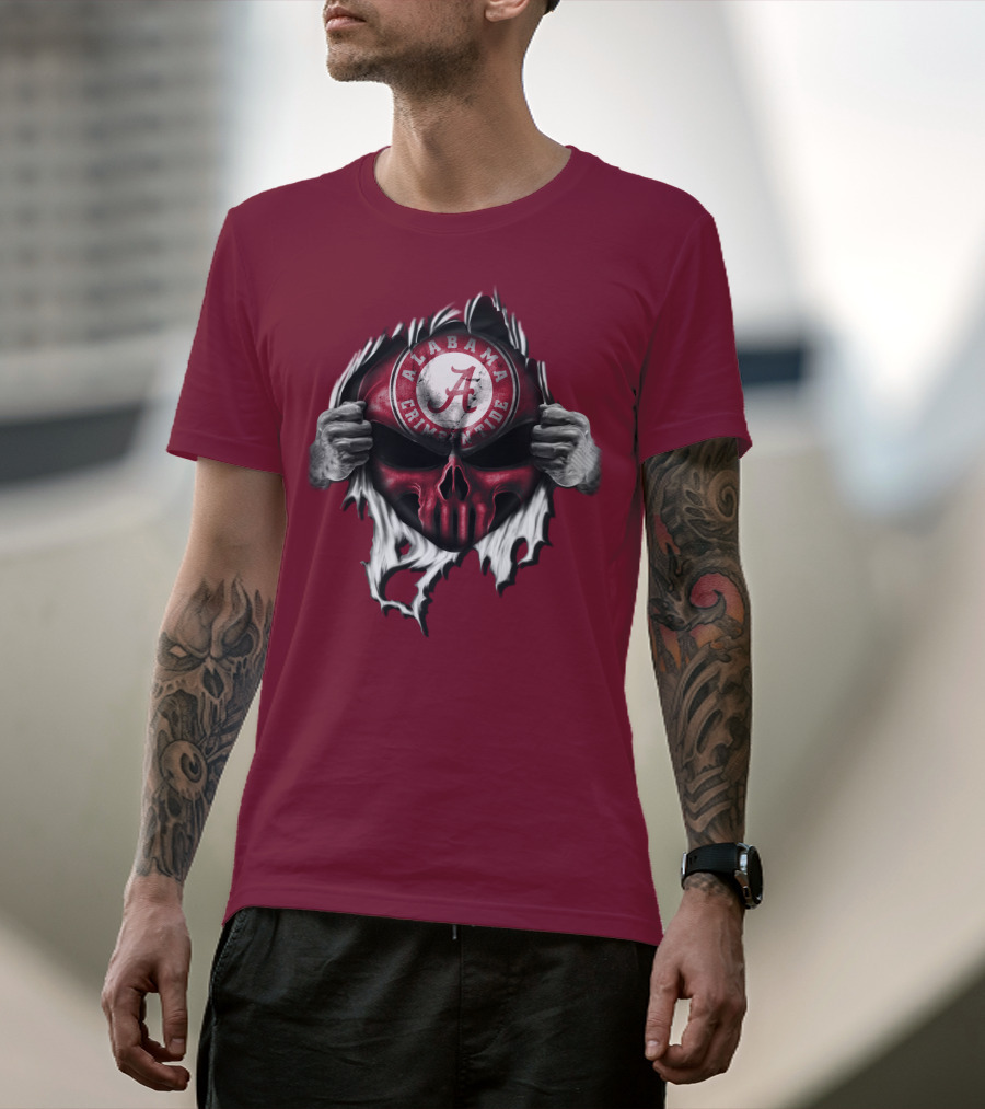 Alabama Crimson Tide Skull Emblem With Red And White Torn Fabric Effect T-Shirt