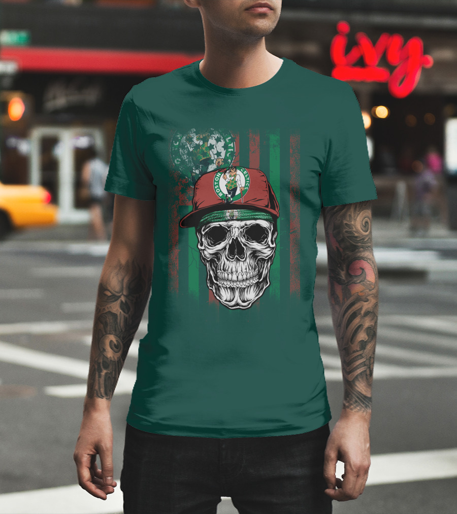 Boston Celtics Skull With Cap And Stripes T-Shirt