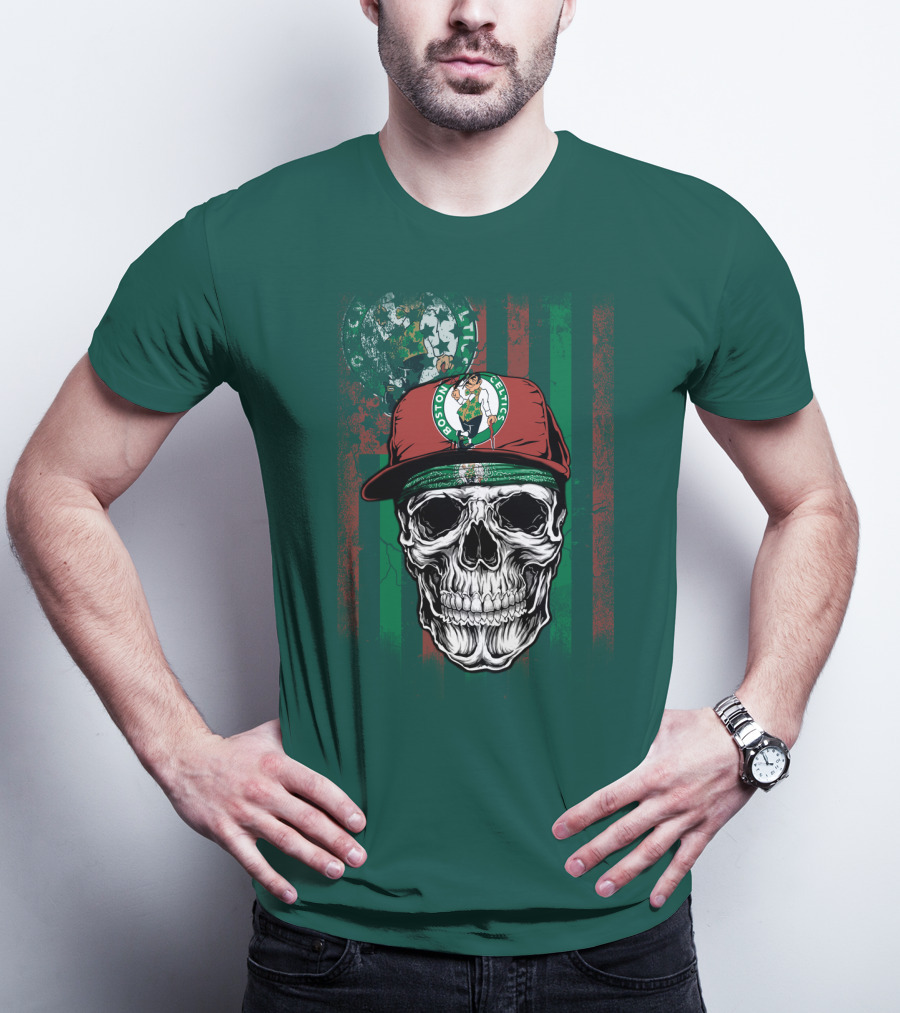 Boston Celtics Skull With Cap And Stripes T-Shirt