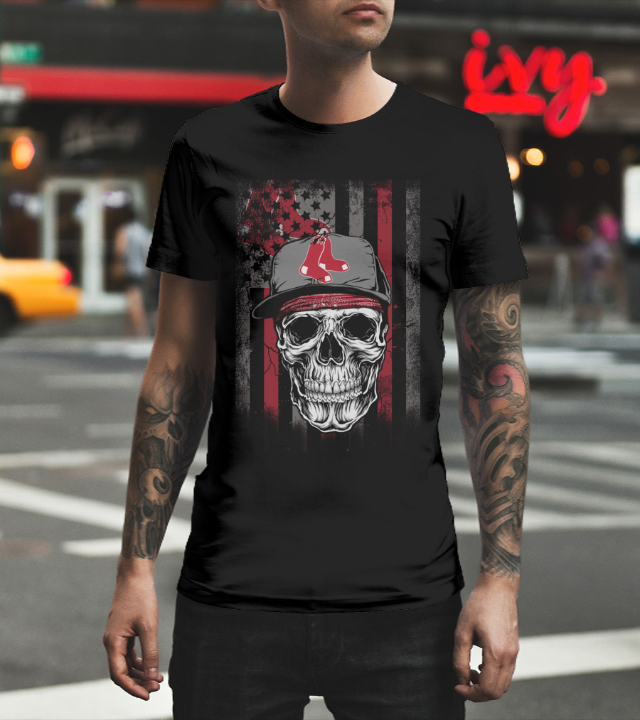 Boston Red Sox Skull With Cap And Stars And Stripes T-Shirt