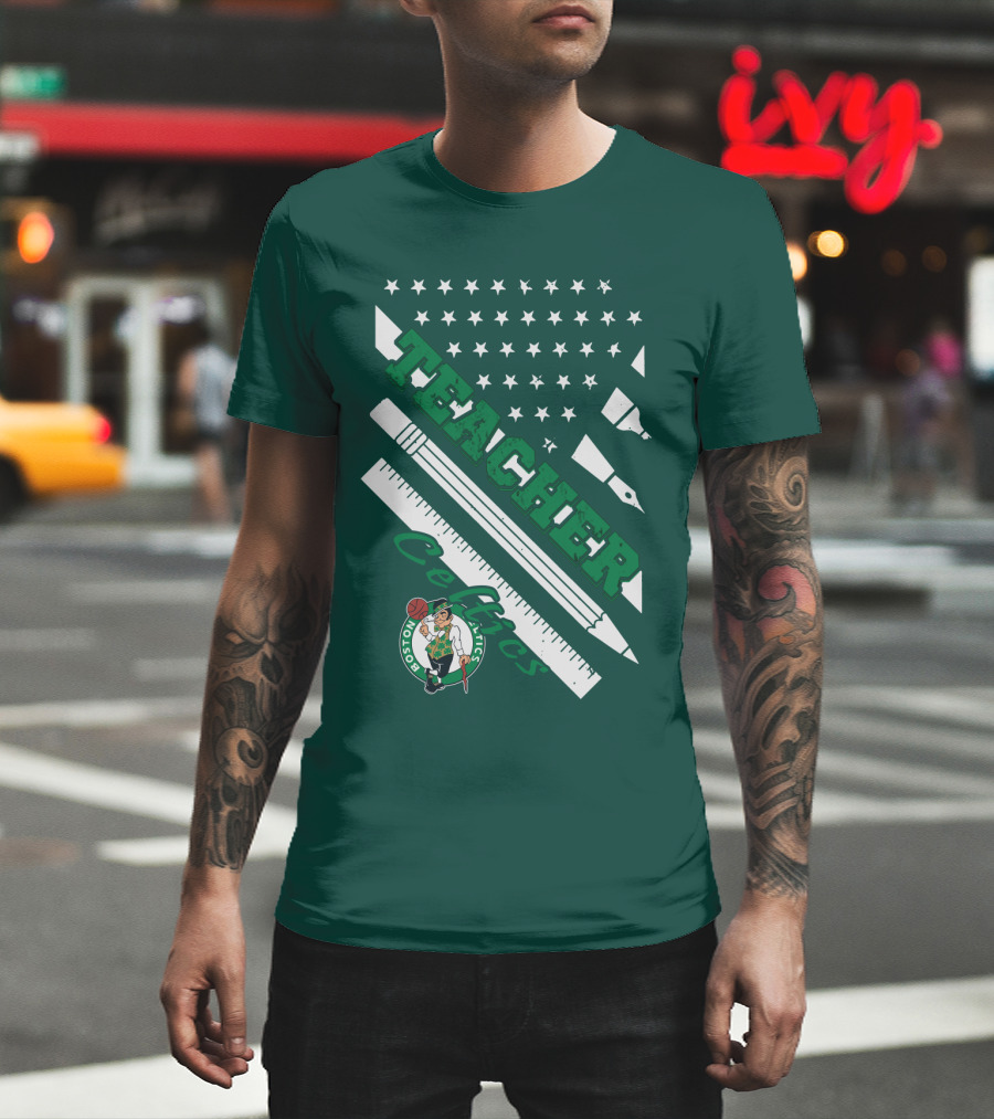 Boston Celtics Teacher Stars And Stripes Pencil Ruler T-Shirt