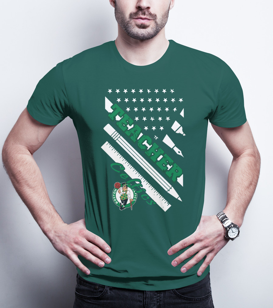 Boston Celtics Teacher Stars And Stripes Pencil Ruler T-Shirt