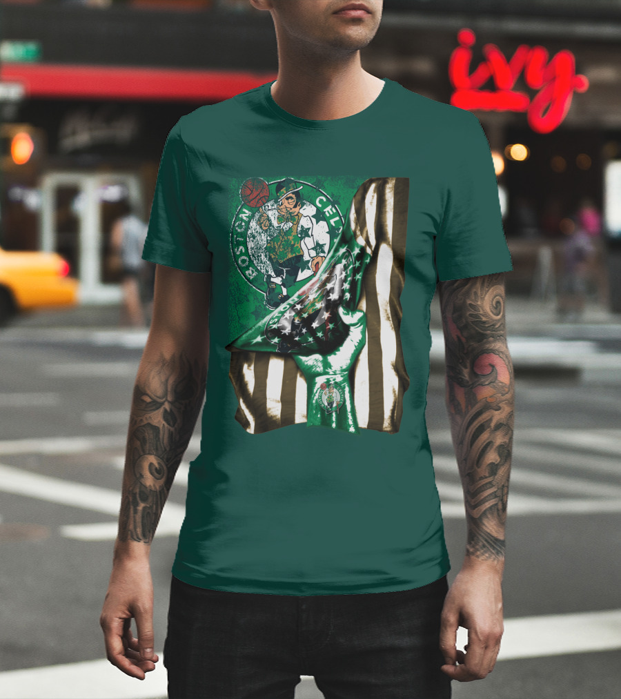 Boston Celtics Hand Lifting Flag With Lucky The Leprechaun And Basketball T-Shirt