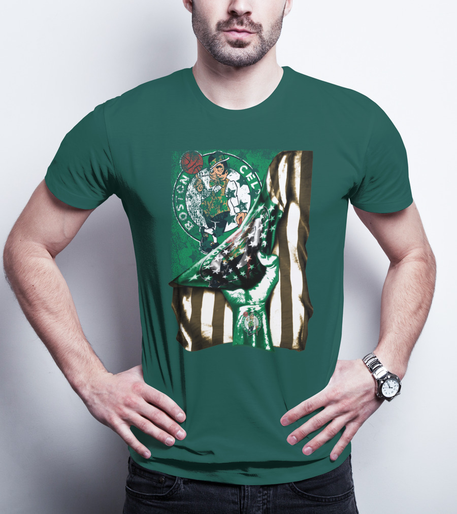 Boston Celtics Hand Lifting Flag With Lucky The Leprechaun And Basketball T-Shirt