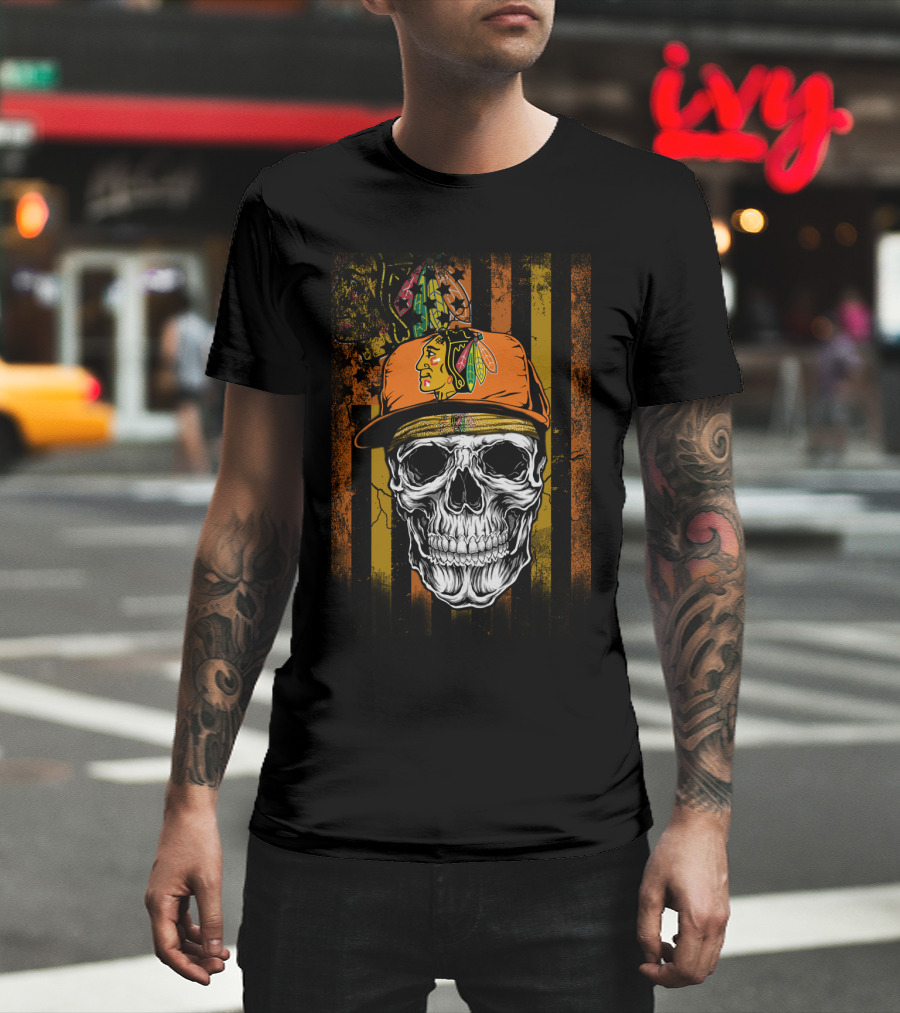 Chicago Blackhawks Skull With Hat And Feathered T-Shirt