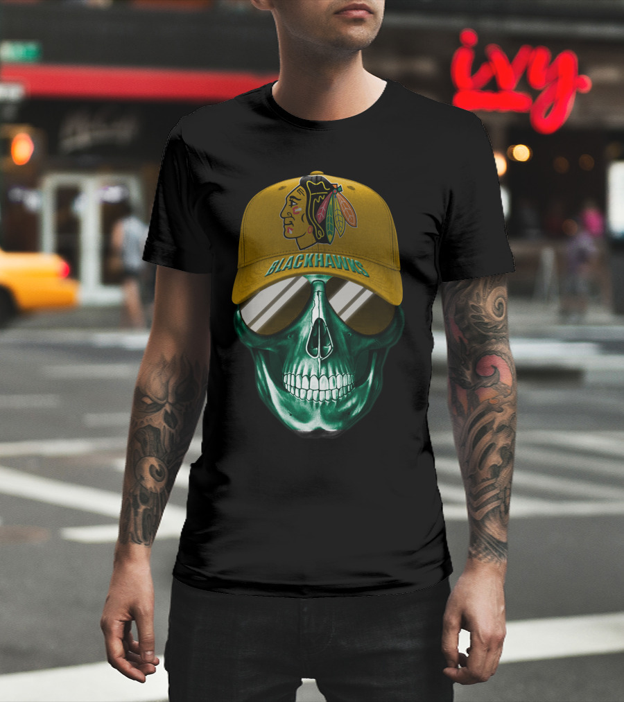 Chicago Blackhawks Skull With Iconic Logo And Cap T-Shirt