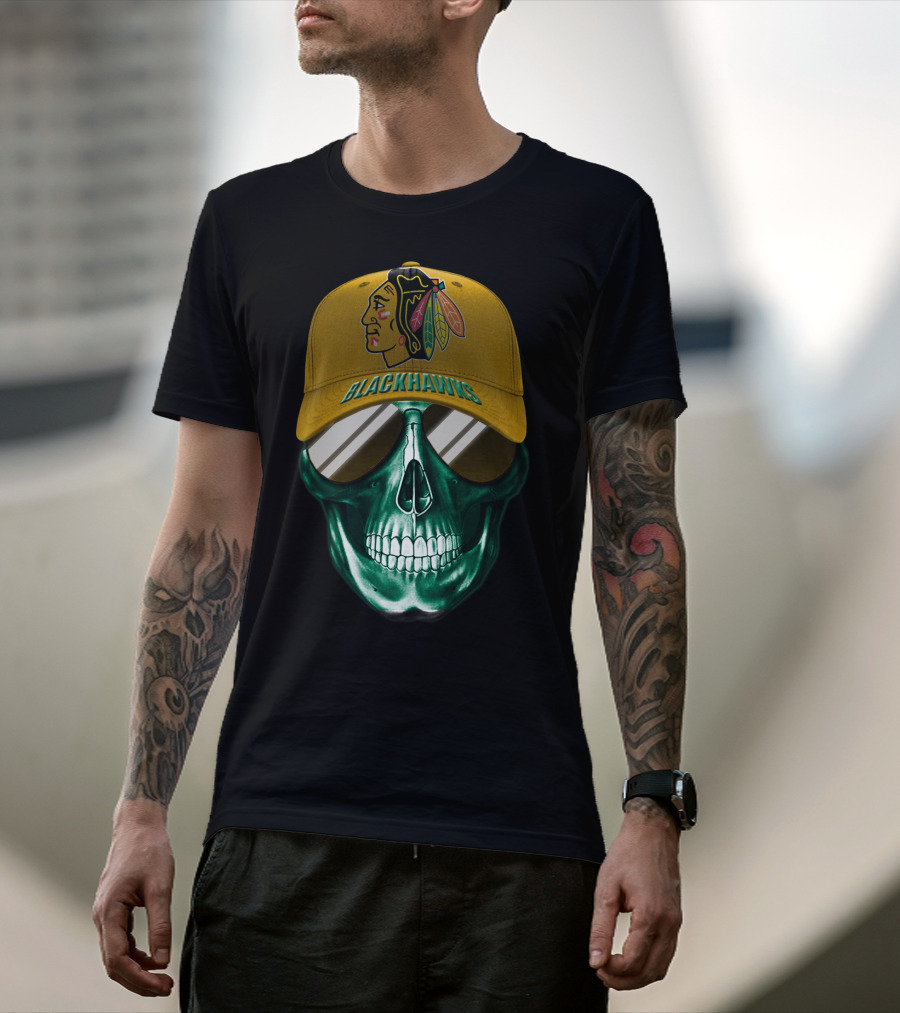Chicago Blackhawks Skull With Iconic Logo And Cap T-Shirt