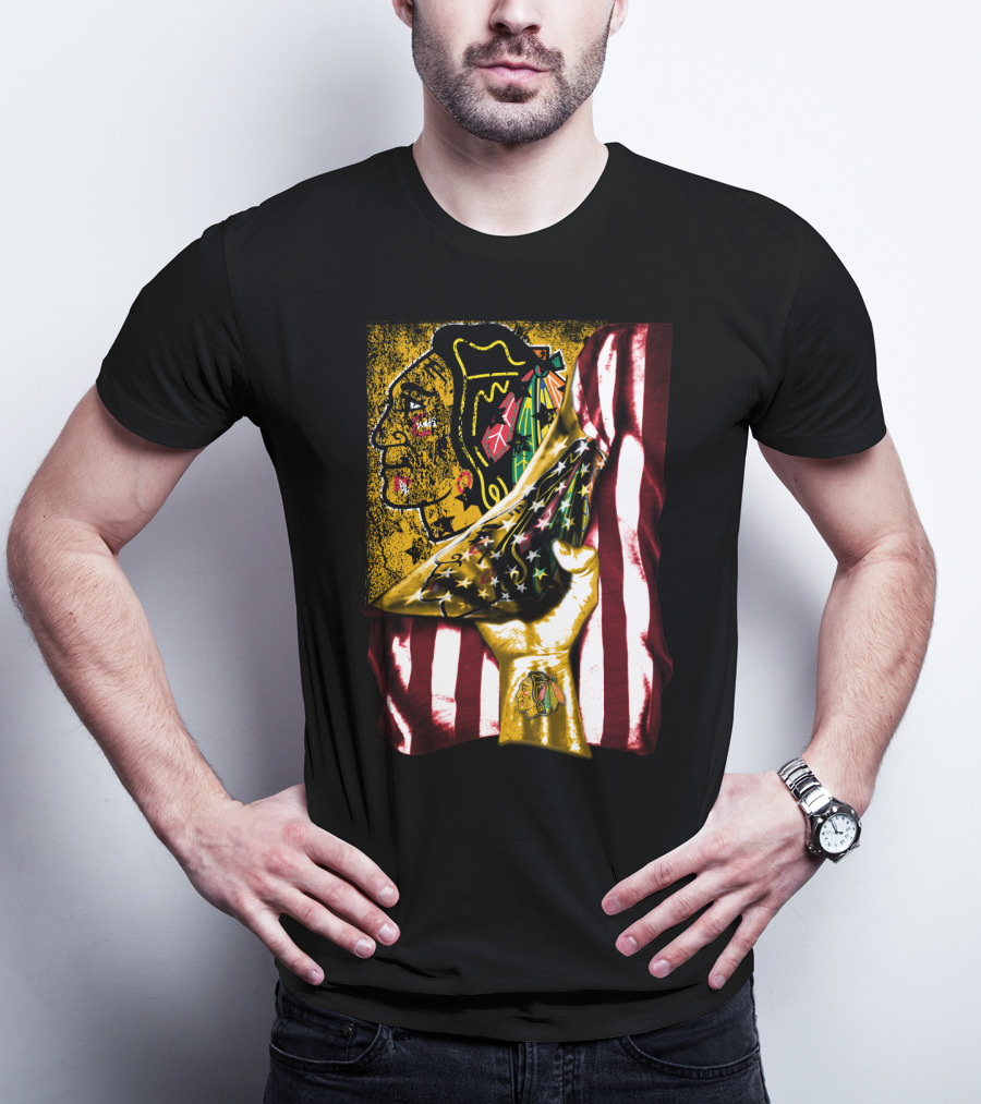Chicago Blackhawks American Flag Hand Pulling Stars And Stripes With Team T-Shirt