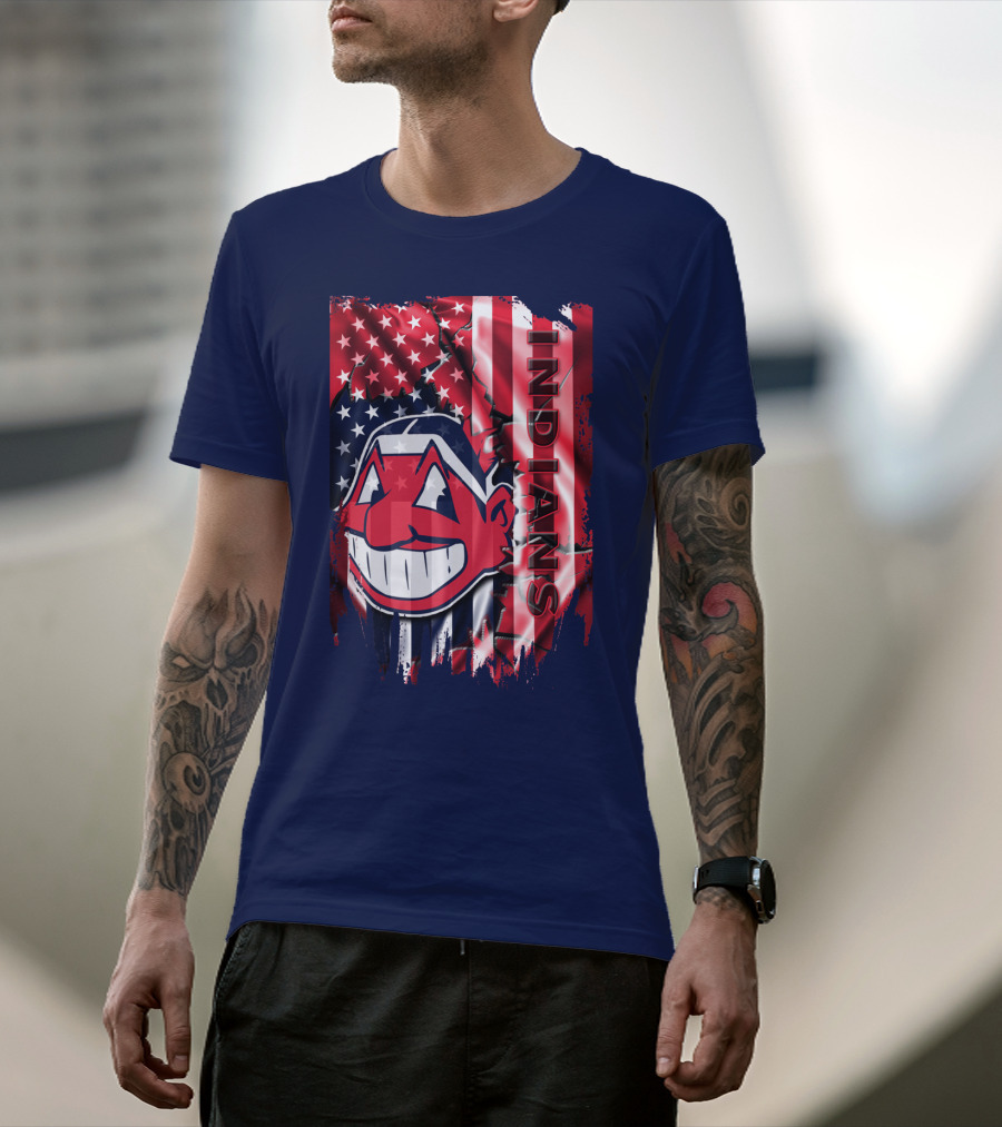 Cleveland Indians Chief Wahoo American Flag Patriotic Baseball T-Shirt